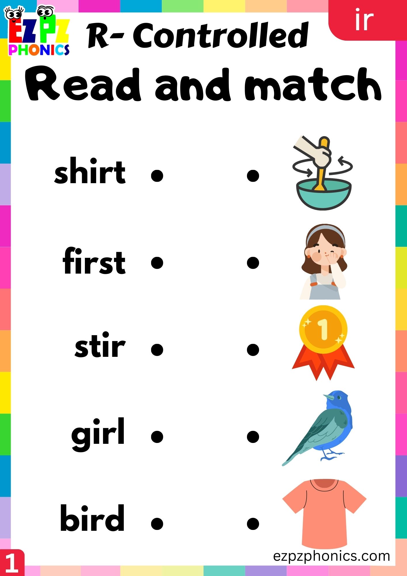 Read and match activity for ir words R Controlled Vowels Phonics group 1 - ezpzphonics.com